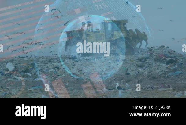 Animation of globe with statistics and data processing over bulldozer ...