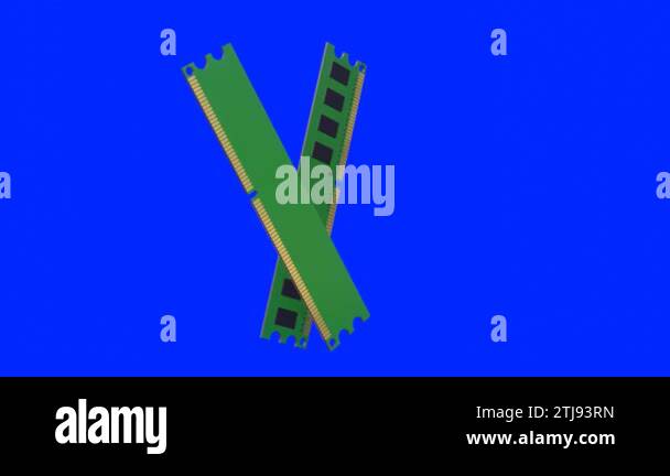 Two 3d computer ram chips rotating in a circle with blue background ...