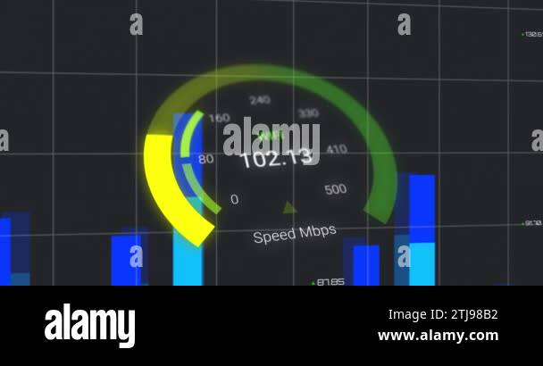 Animation of data processing and world map over speedometer. Global business and digital ...