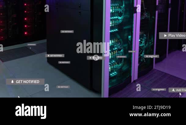Animation of social media icons floating against computer server room ...