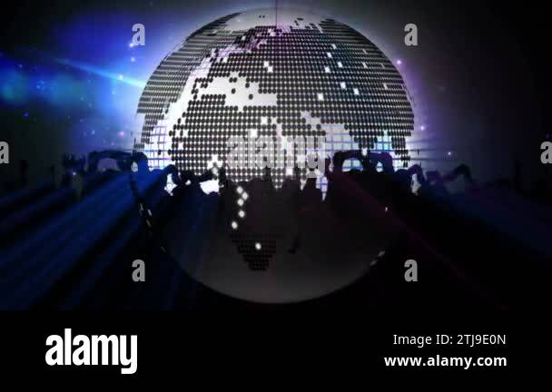 Animation of mirror ball globe, spotlights and dancing crowd. Global ...