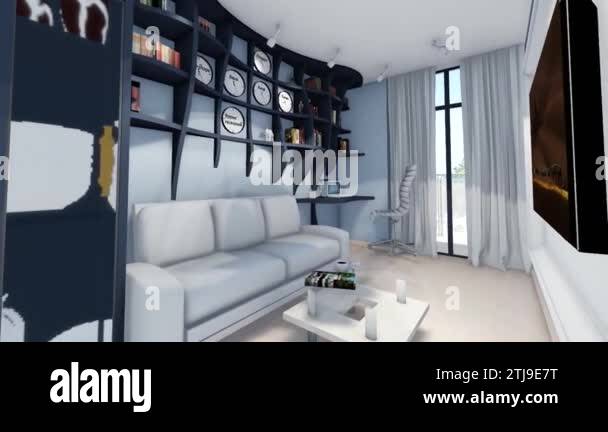 Simple drawing room design with sofa, tv station and computer desk. 3d ...