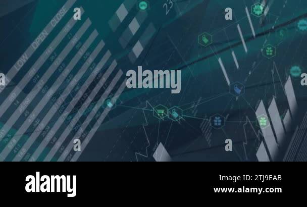 Animation of connected icons over infographic interface against ...