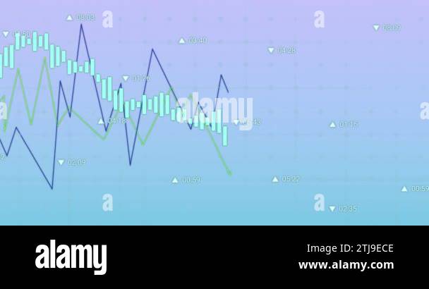 Animation of multiple graphs with changing numbers against blue background. Digitally generated ...