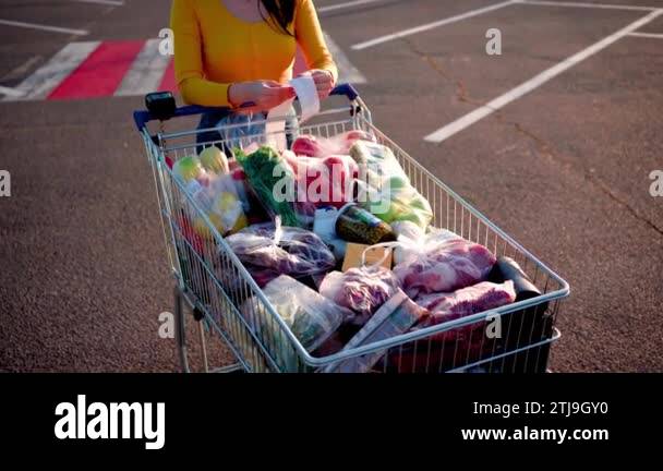 Woman checks paper check after shopping for groceries at mall by ...
