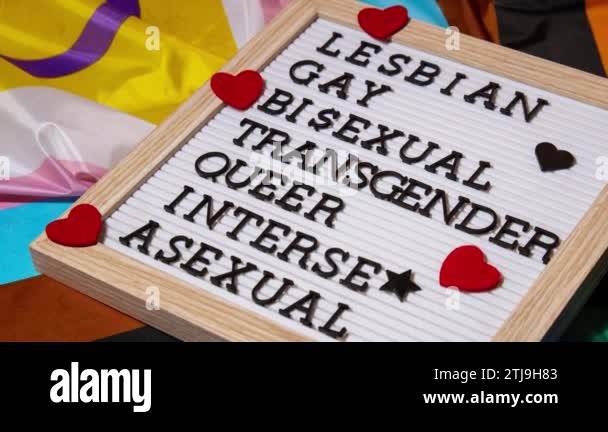 Zoom in out LGBTQIA description frame on Rainbow LGBTQIA flag made from ...