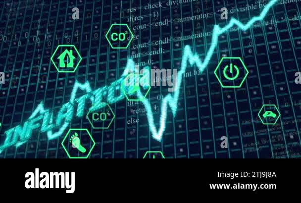 Animation of blue inflation text and graph over green energy icons and ...