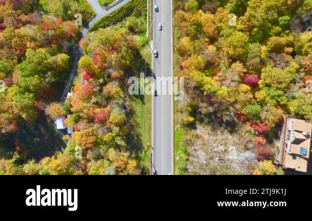 Wide highway road in North Carolina leading through Appalachian mountains with yellow fall ...