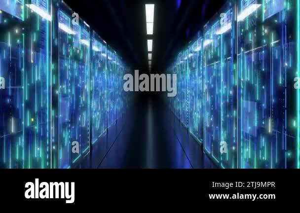 server room. Realistic LED lights are flashing blue and black animation concept for informatics ...