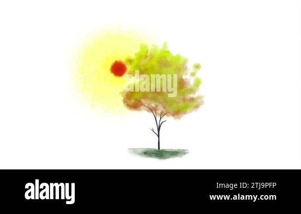 a tree during winter, summer and rain season, watercolor leaves of tree ...