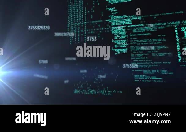 Animation of changing numbers over looping computer language against black background. Digitally ...