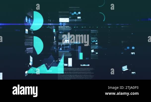 Animation of multiple graphs, loading circles and computer language against black background ...