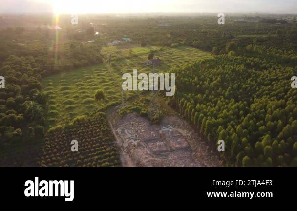 Aerial view of high voltage pylon foundation construction site. Top ...