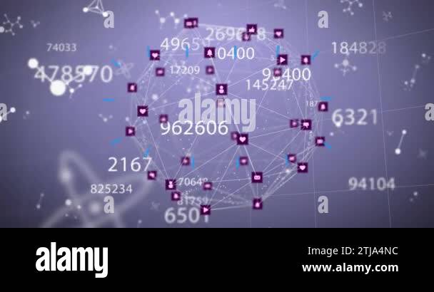 Animation of changing numbers over connected dots forming globe and nucleotides. Digitally ...