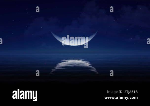 Unreal fantastic big half moon in dark blue starry night sky reflected ...