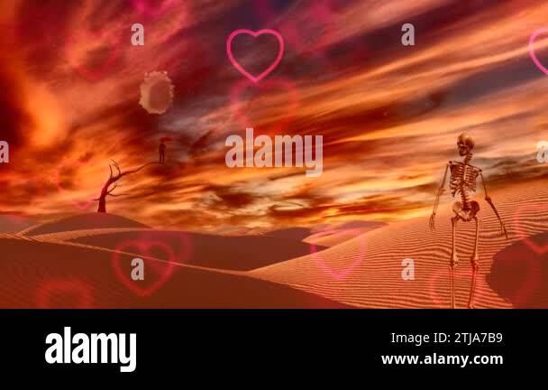 Surreal white desert. Man with red umbrella stands on a dry tree ...