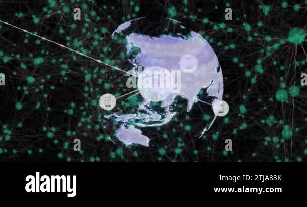 Animation of connected icons over rotating globe against connected dots ...
