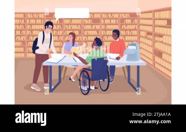 Animated group project illustration. Studying at library with friends ...