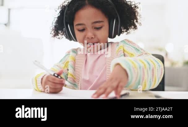 Education, elearning and young girl with headphones, test and writing ...