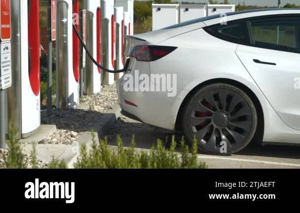 TESLA SUPERCHARGER, ZAGREB, CROATIA, 05.05.2023: Tesla charging point ...