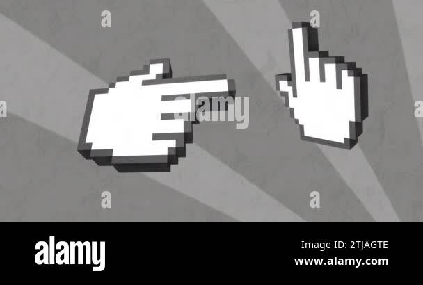 Animation of two digital pixelated hands pointing up and right over ...