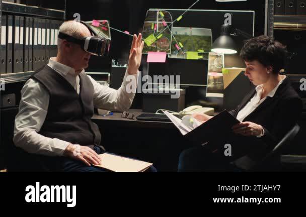 Senior agent using vr glasses to reenact crime scene, conducting investigation with virtual ...
