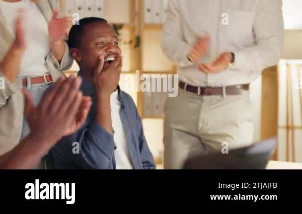 Clapping, success and business black man on computer for employee bonus ...