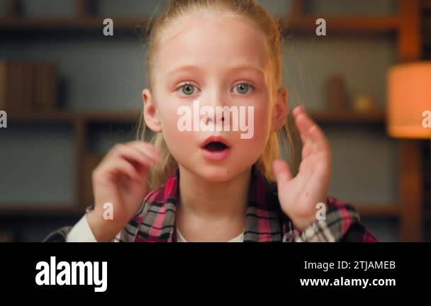 Portrait surprised caucasian teen girl shocked joyful kid with ...