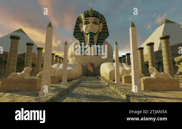 Animated travel into Egypt sphinx through corridor including green ...