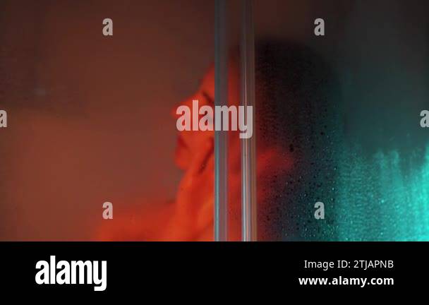 Beautiful sportive woman body in bath room, touch hand herself with ...