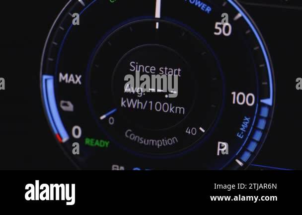 Electric car dashboard battery indicator showing Progress of the charging. Hybrid electric car ...