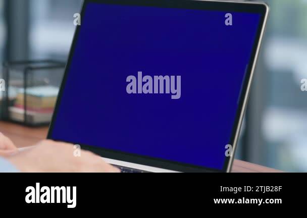 Closeup boss hands typing chromakey laptop keyboard. Unknown ...