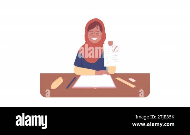 Animated top student girl character. Smiling pupil with test. Full body ...