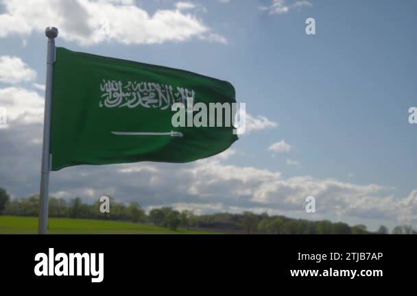 Flag of Saudi Arabia waving in the wind, sky and sun background. Saudi ...