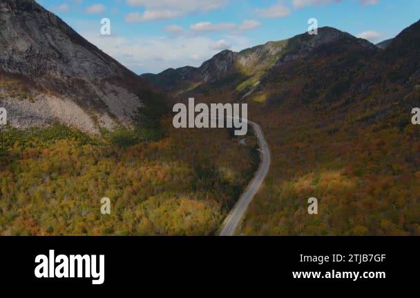 Franconia Notch with fall foliage aerial view including Profile Lake ...