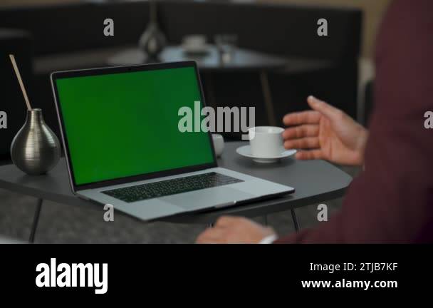 Closeup Unrecognizable Director Greeting Video Call Chromakey Computer