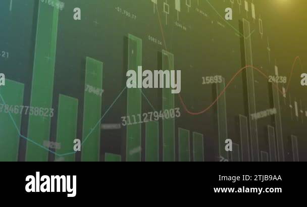 Animation of changing numbers over multiple graphs and lens flare against abstract background ...