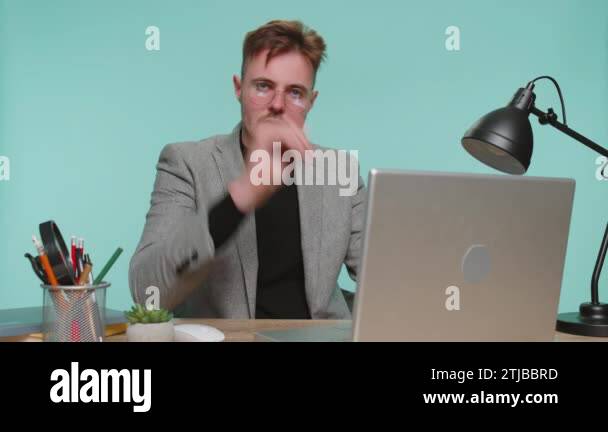 Stop, enought. Business man at office say No hold palm folded crossed ...