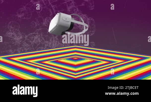 Animation of vr headset and coloured square surface over purple ...