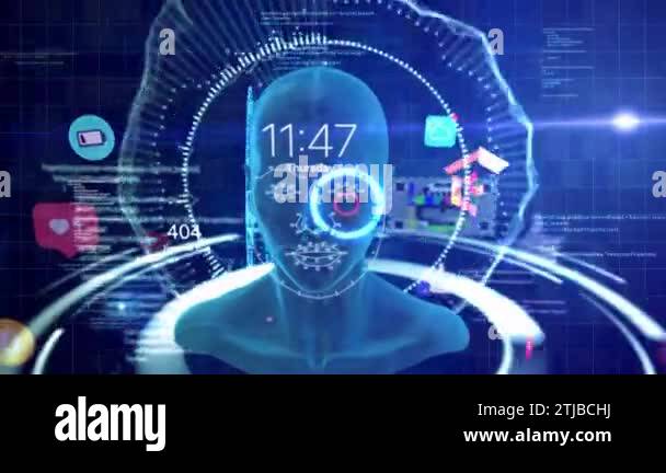 3D digital render of a human face hologram on digital background. Deep ...