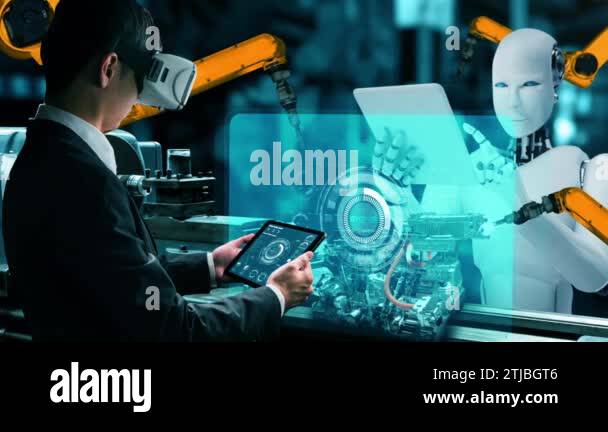 Cybernated industry robot and human worker working together in future ...