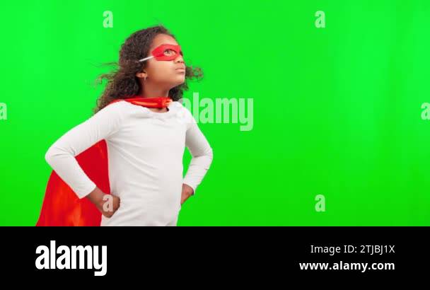 Mockup, superhero and children with a girl on a green screen background ...