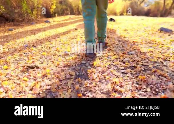 The legs of a teenage boy in close-up go towards the trunk of a large ...
