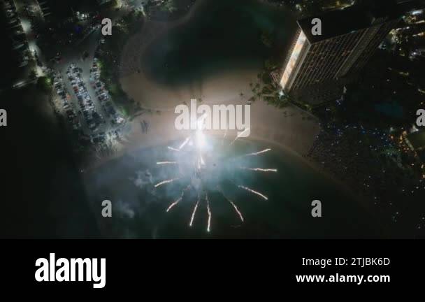 Scenic aerial above colorful shiny fireworks at world famous Waikiki ...