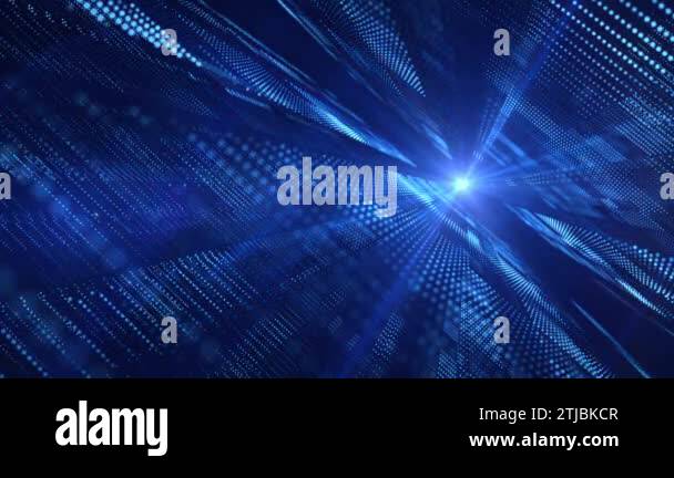 A glowing blue grid network of blinking digital data lights, particles ...