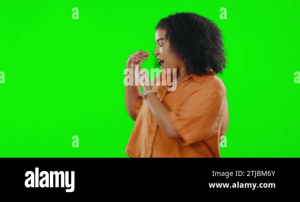 Face, green screen and woman showing, excited and happiness against a ...