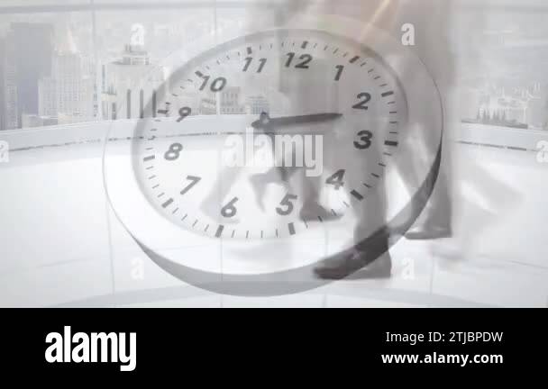 Animation of clock over time-lapse of people walking against modern ...