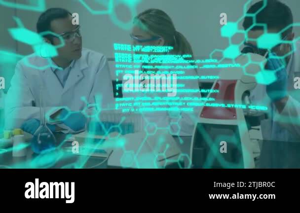 Animation of computer language, molecule structures, diverse researchers working in laboratory ...