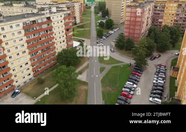 Aerial view over soviet architecture. Block of flats in the row. Soviet ...