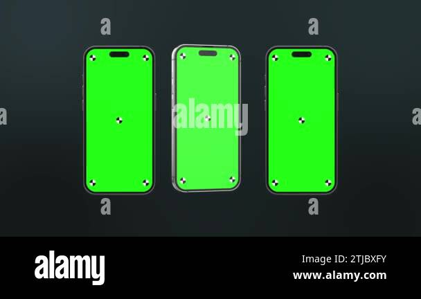 The smartphone's blank green screen with indicators flies in with ...